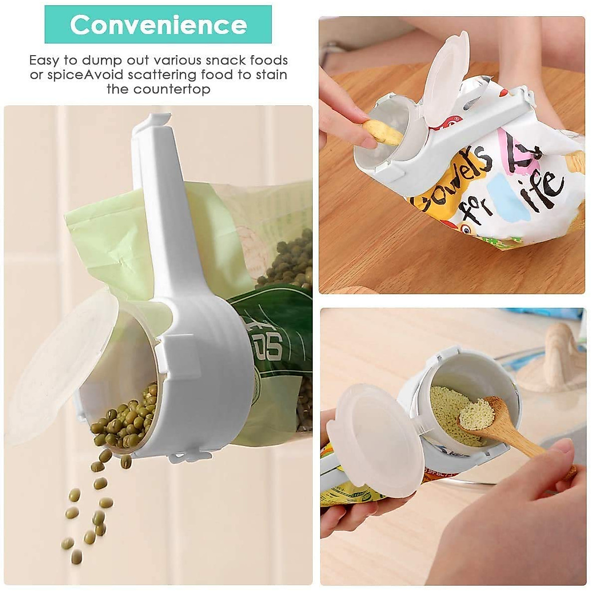 Yinqusitingg Food Storage Sealing Clips, Bag Clips with Pour Spouts, Kitchen Chip Bag Clips, Plastic Cap Sealer Clips for Kitchen Food Storage and Organization (4 PCS)