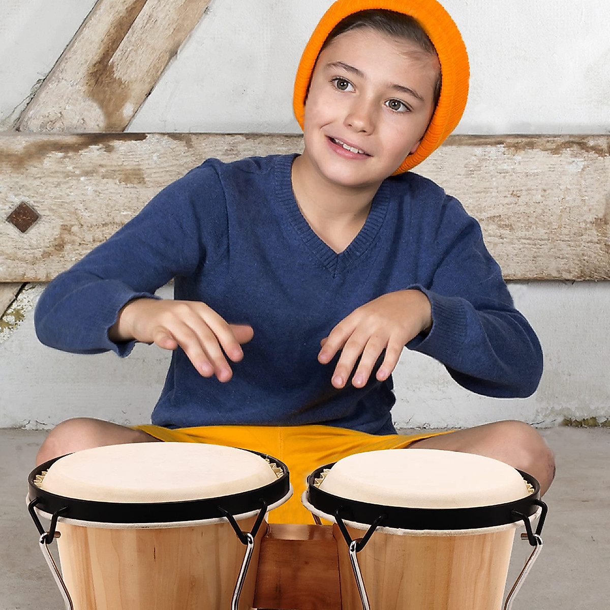 NXWVPC Bongo Drums, 2 Set 6" and 7" Drum Set, Tunable Percussion Instruments Synthetic Metal Frame Construction Bongo Drum for Kids Adults Beginners with Travel Bag and Tuning Wrench, Natural Finish