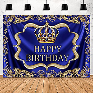 Aperturee Royal Blue and Gold Happy Birthday Backdrop 7x5ft Little Baby Boy Prince King Crown Photography Background Celebration Party Decoration Supplies Cake Table Banner Photo Booth Prop