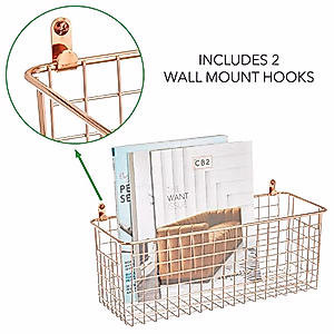 mDesign Portable Metal Farmhouse Wall Storage Organizer Basket Bin - Handles for Hanging in Entryway, Mudroom, Bedroom, Bathroom, Laundry Room - Wall Mount Hooks Included, Medium - 2 Pack - Rose Gold