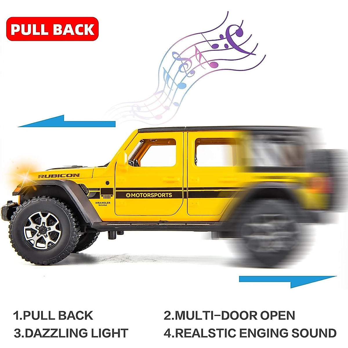 BDTCTK Off-Road 7 Door for Wrangler Diecast Toy Car Model, 1/22 Scale Metal Alloy Vehicle for Kids Boys Girls Adults, Doors Open, Light and Sound, Gifts Yellow