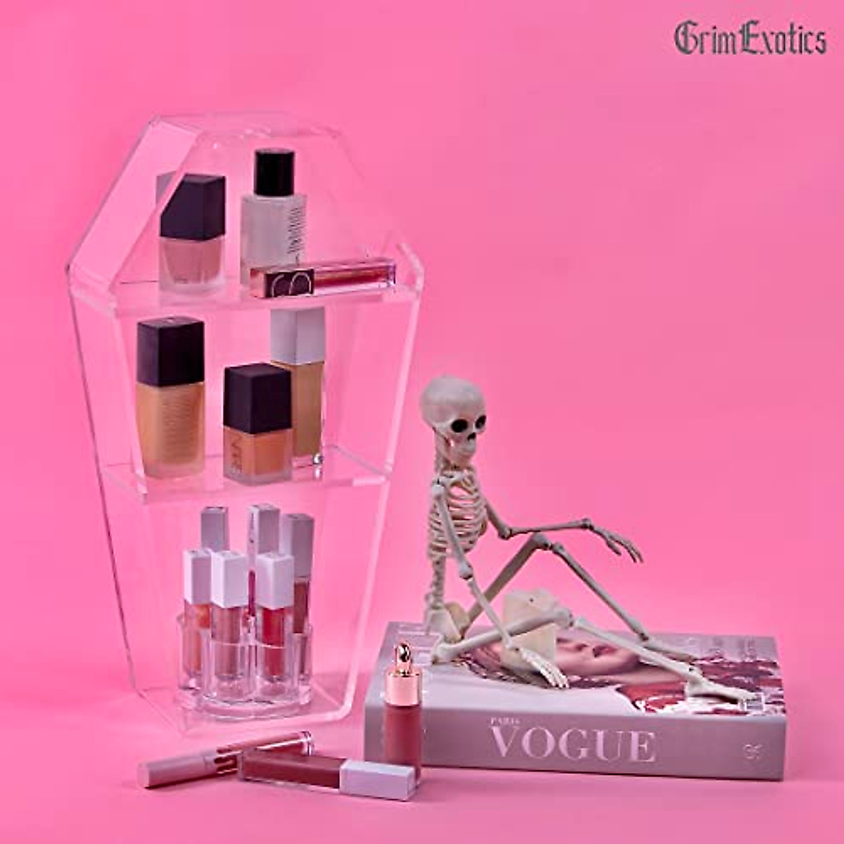 GrimExotics Acrylic Coffin Shelf – Spooky Gothic Decor for Home, Clear Acrylic Funko Pop Display Shelf for Wall and Table Top with Removable Shelves – 15 inches Tall by 8 inches Wide