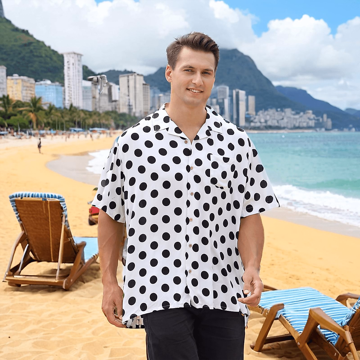 DOKKIA Men's Casual Tropical Floral Short Sleeve Luau Beach Aloha Hawaiian Shirt Polka Dot White Black XX-Large