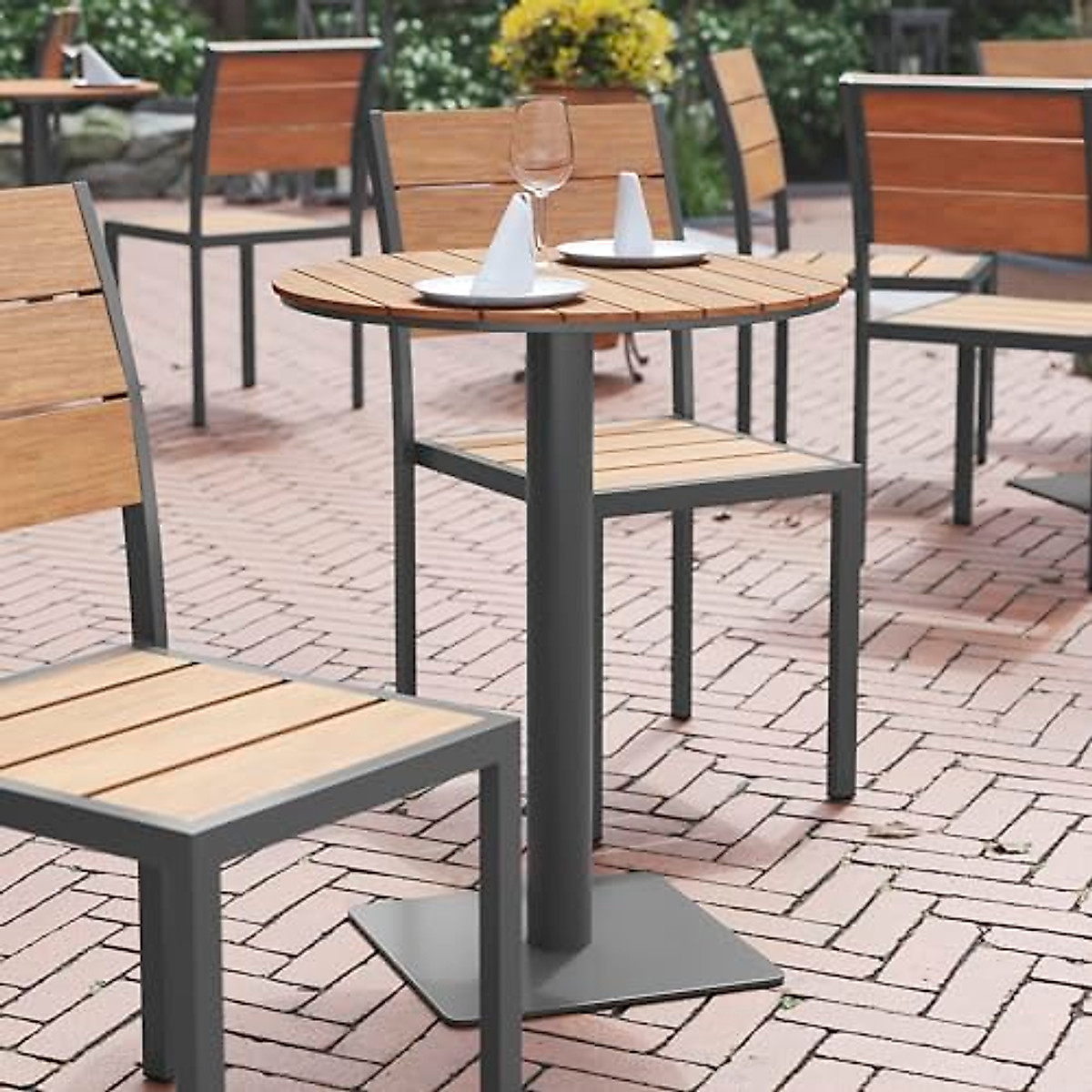 Flash Furniture Finch Commercial Grade Round 24" Table with Faux Teak Poly Slats and Steel Frame, Natural/Gray