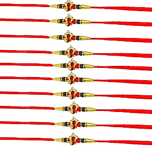 KHANDEKAR Set of 10 Pc Ganpati Pendant Rakhi for Brother Bhaiya Bhabhi Traditional Handmade Premium Quality Designer Rakhi Set with Roli Chawal, Rakhi Thread Rakhdi Bracelets