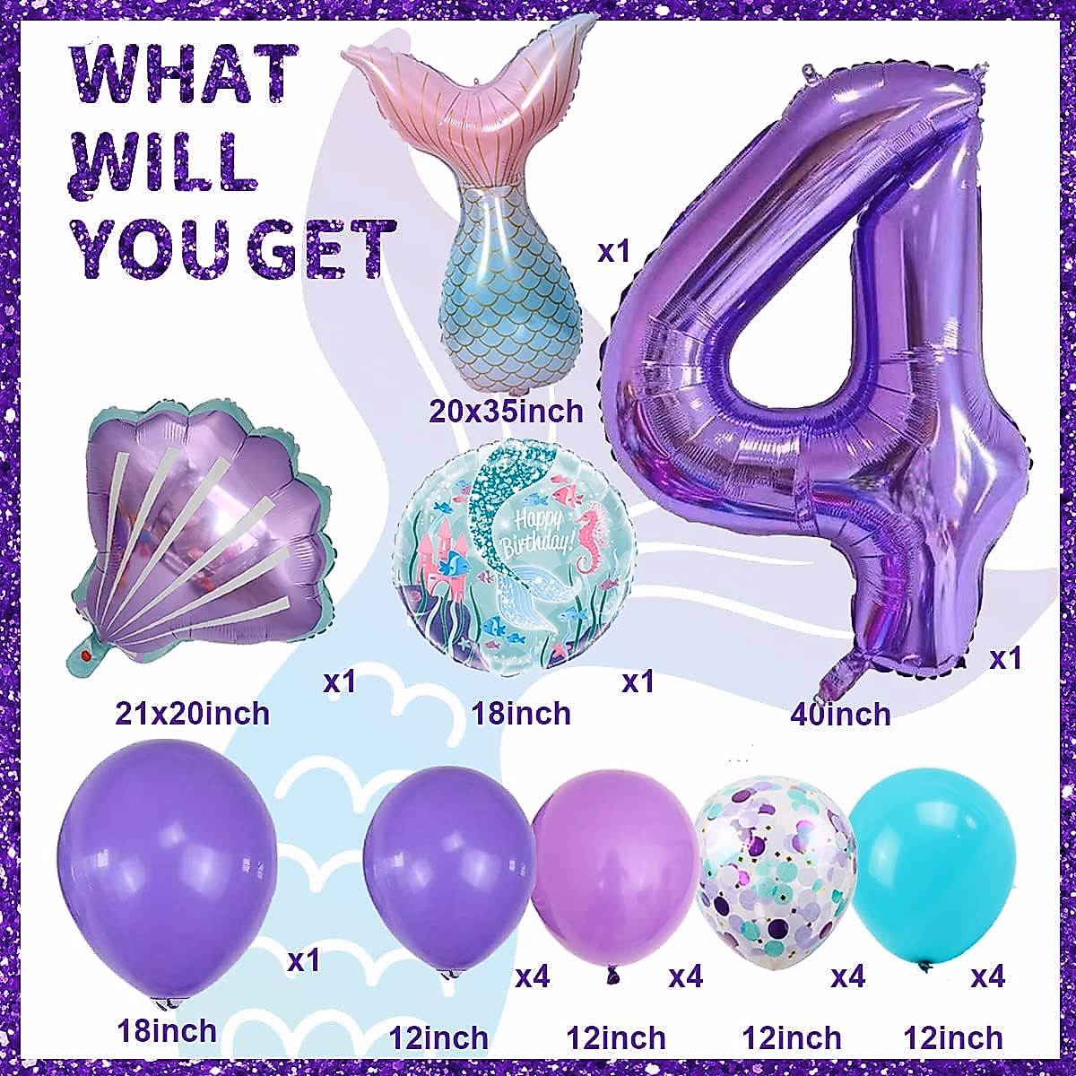 Beauty Fish Birthday Decoration, Balloon Tail Shell Foil Latex Balloons Set, Ocean Themed Beauty Fish for Girls 4th Birthday(21Pcs)