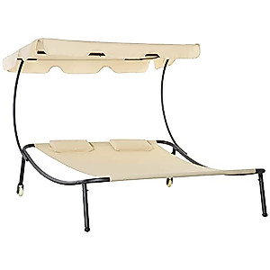 Outsunny Patio Double Chaise Lounge Chair, Outdoor Wheeled Hammock Daybed with Adjustable Canopy and Pillow for Sun Room, Garden, or Poolside, Beige