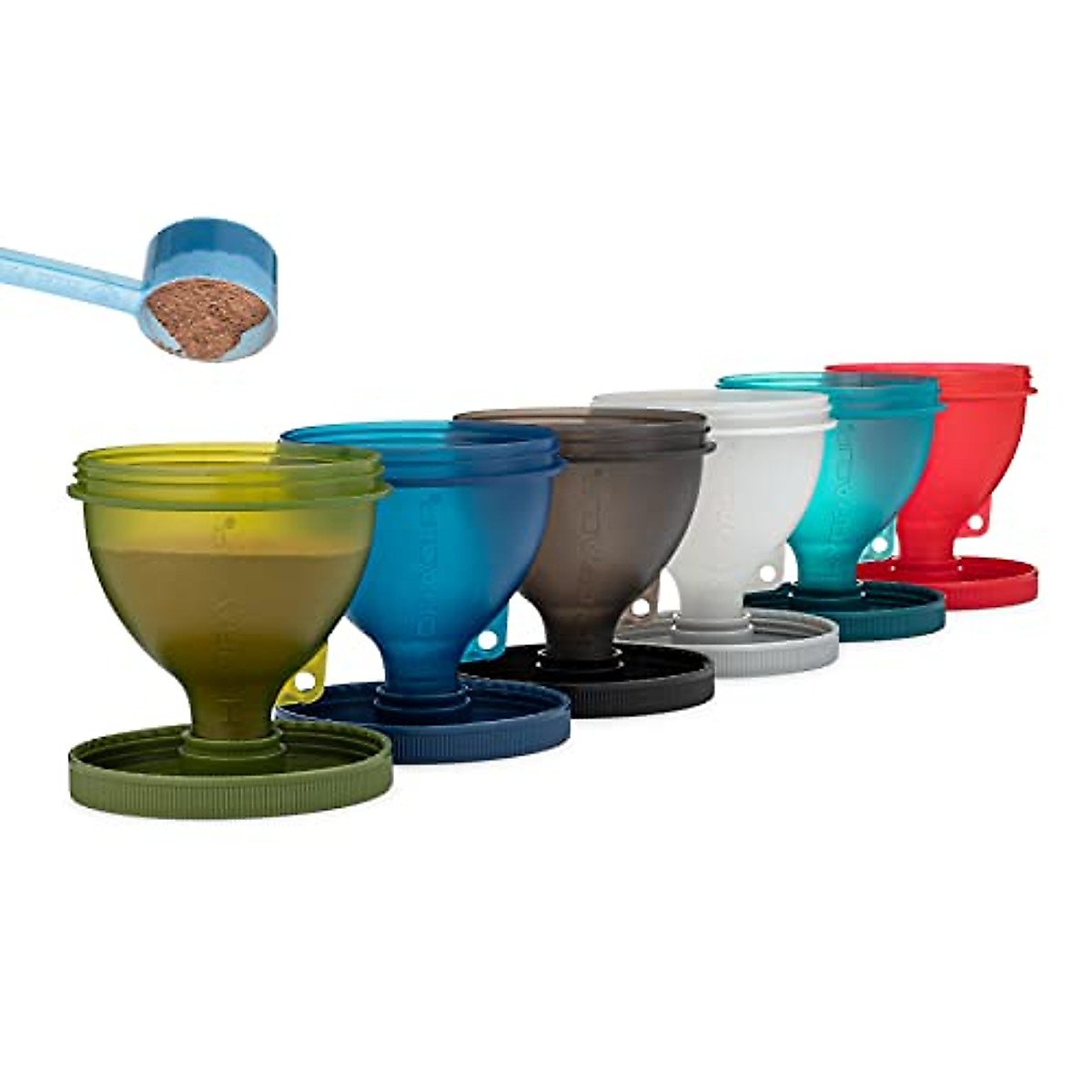 ProStand [6 Pack] - Funnels w/Stand for Filling Water Bottles with Protein Powder, Supplement Container Set to Go or Kitchen Use, Keychain for Shaker Cup