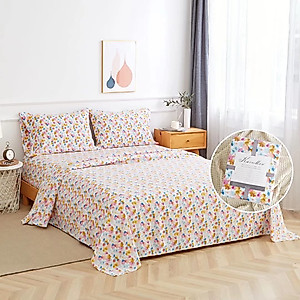 KACEMOO Queen Floral Sheet Set 4PC Yellow Flower Printed Sheets for Queen Pattern Sheets Microfiber Soft Cooling Luxurious Brushed Bed Sheets with 17”Deep Pocket, Easy Care, Breathable, Wrinkle Free