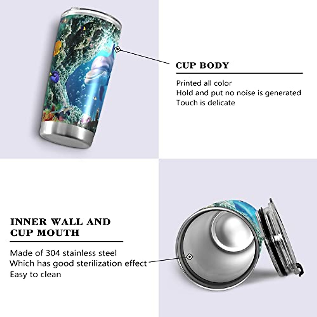 ALAZA 3D Dolphin Ocean Insulated Travel Tumbler Mug with Lid & Straw Double Wall Vacuum Water Bottle Car Cup Stainless Steel, Hot and Cold Thermos, 20oz