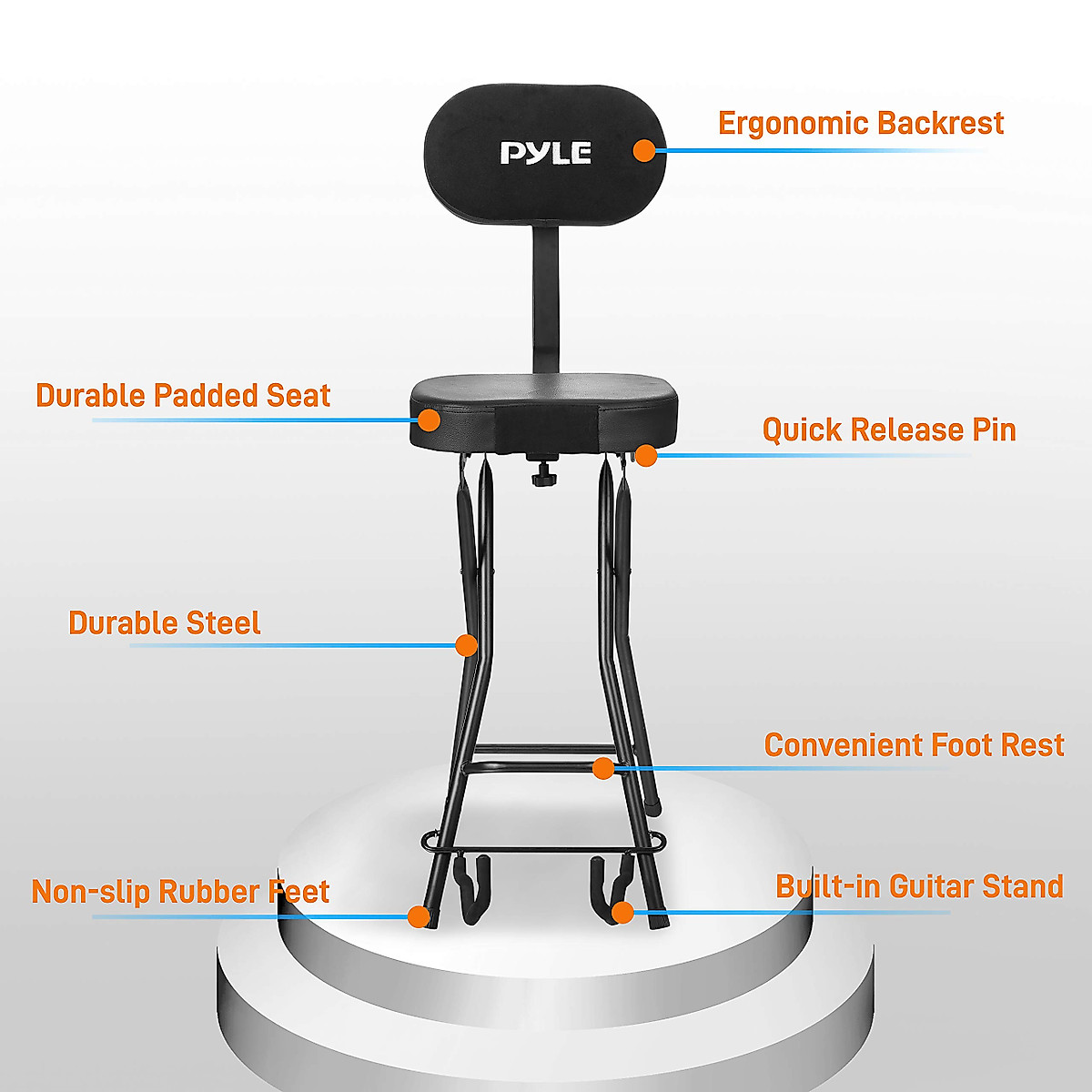 Pyle Seat with Padded Cushion-Heavy-Duty Ergonomic Backrest w/Fold Stand, Foot Rest, Collapsible Design, Holds Acoustic, Electric & Bass Guitars, 300 Lbs Max Load Capacity PYG60