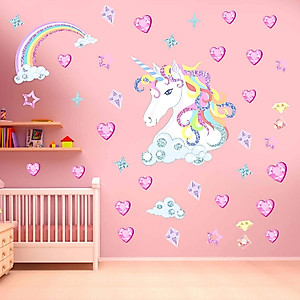 Rainbow Unicorn Wall Decals Gifts for Kids Decor with Hearts Girls Room Wall Stickers Nursery Vinyl Polka Bedroom (2PCS)