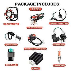Quad Wire Harness Complete Electrics Stator Coil CDI Wiring Harness Solenoid Relay Spark Plug for 4 Wheelers Stroke ATV 50cc 70cc 90cc 110cc 125cc Pit Quad Dirt Buggy Bike Go Kart Parts
