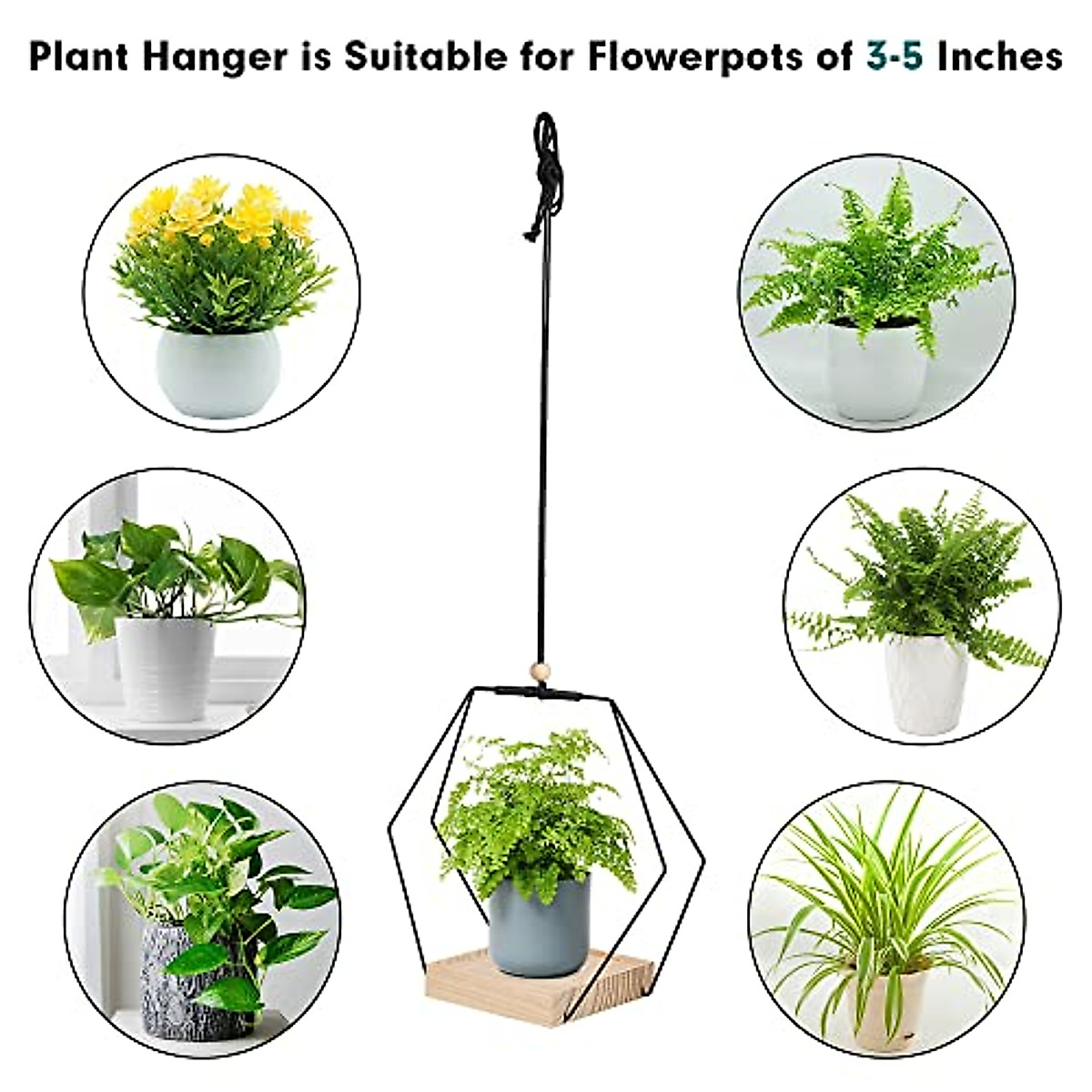 Kitypartsy Plant Hanger with Wood Base - Hanging Plant Holder, Hanging Planter/Pot for Indoor Plants Boho Macrame for Wall/Window/Room Decor, Black - Hexagon (Planter/Plants Not Included)