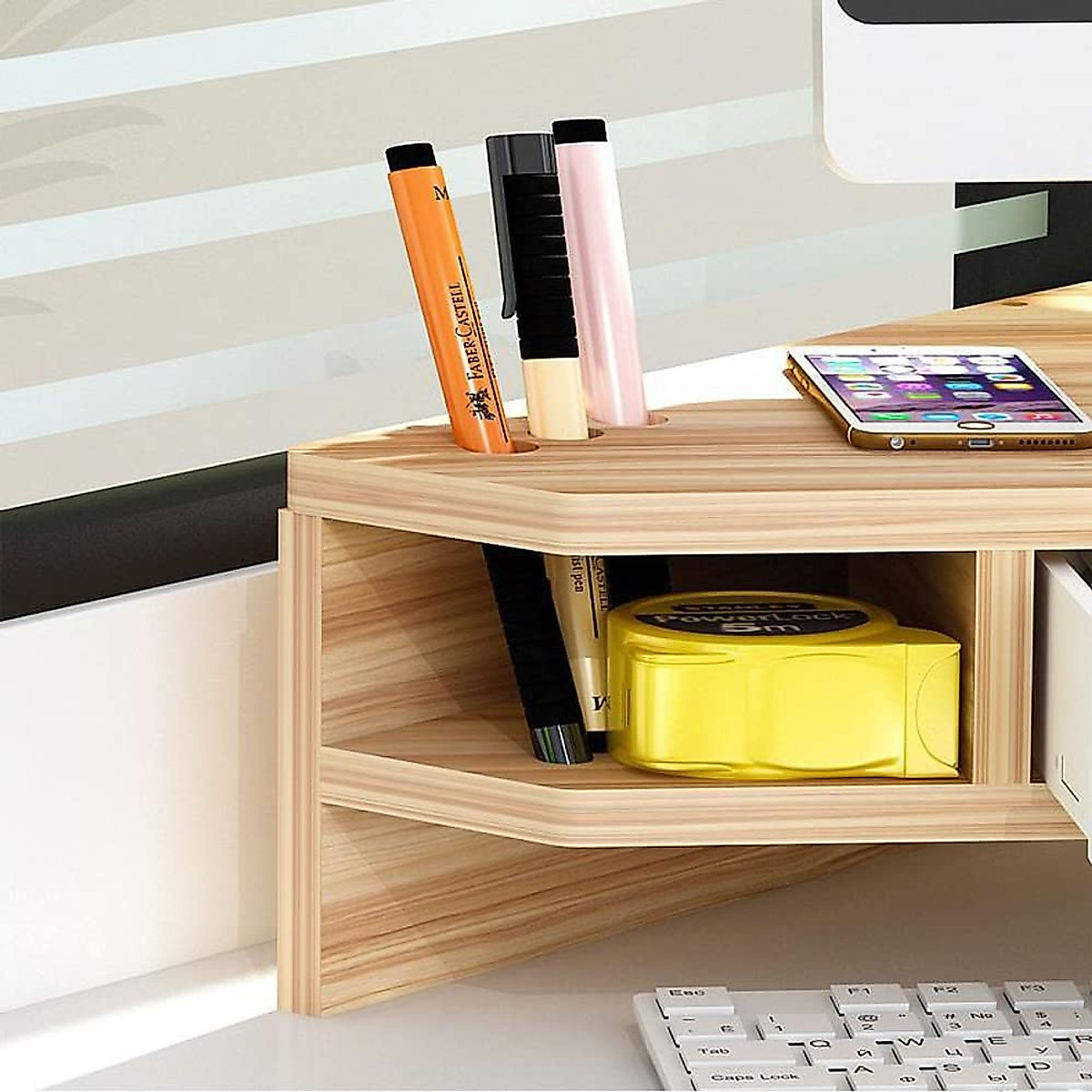 Triangle Monitor Riser,Corner Computer Monitor Stand with Drawer,Wooden Triangle Save Space Desktop Computer Stand with Office Organization,Desktop Corner Shelf with Drawers Wooden Laptop Stand Riser