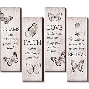 Qunclay 4 Pcs Butterfly Inspirational Quote Wooden Sign Love Faith Believe Dream Wall Decor Wood Flower Room Rustic Encouragement Signs for Home Decor Wall Bathroom(11 x 4 Inch)