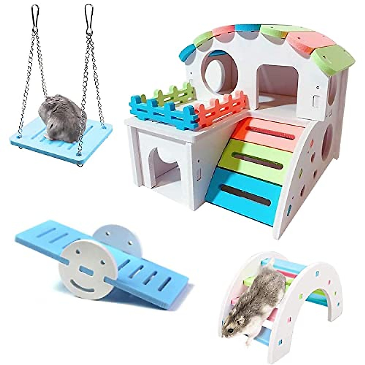 YUEKUA 4 Pieces of Hamster Toy Accessories DIY Gerbil Hiding House, Rainbow Bridge Swing, Hamster Seesaw Toy, Small Animal Fitness chew Toys