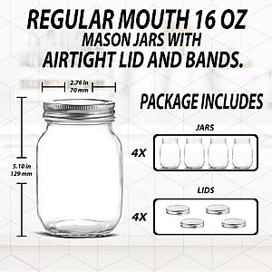 Glass Regular Mouth Mason Jars, 16 oz Clear Glass Jars with Silver Metal Lids for Sealing, Canning Jars for Food Storage, Overnight Oats, Dry Food, Snacks, Candies, DIY Projects (4 PACK)