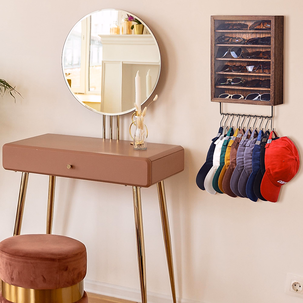 MOCAS Sunglasses Organizer Storage Wall Mounted, Wood Eyeglasses Display Holder with 10 Hooks, Eyeglass Organizer for Multiple Glasses, Dust Proof Sunglasses Storage Case