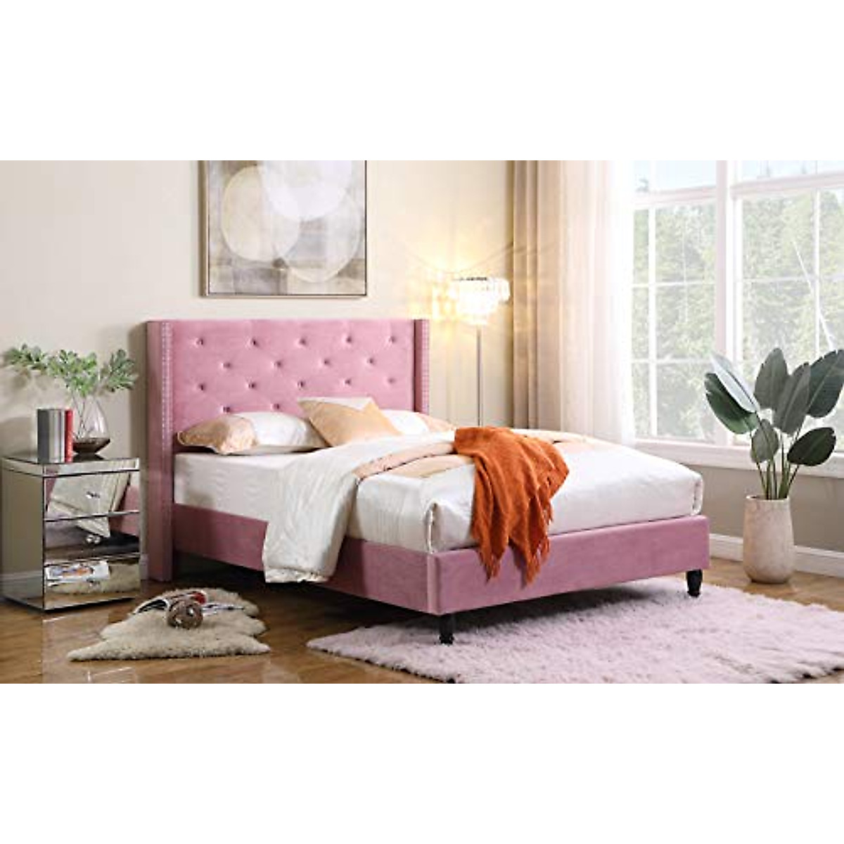 Home Life Premiere Classics Velour Pink 51" Tall Headboard Slats Full-5 Year Warranty Included 007 Platform Bed