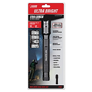 Feit Electric LED Tactical Flashlight - Aluminum Alloy - Zoomable Strike Bezel; Illuminate up to 1,000 feet - Adjustable Brightness 600 to 1700 Lumen | Requires 4-C Batteries