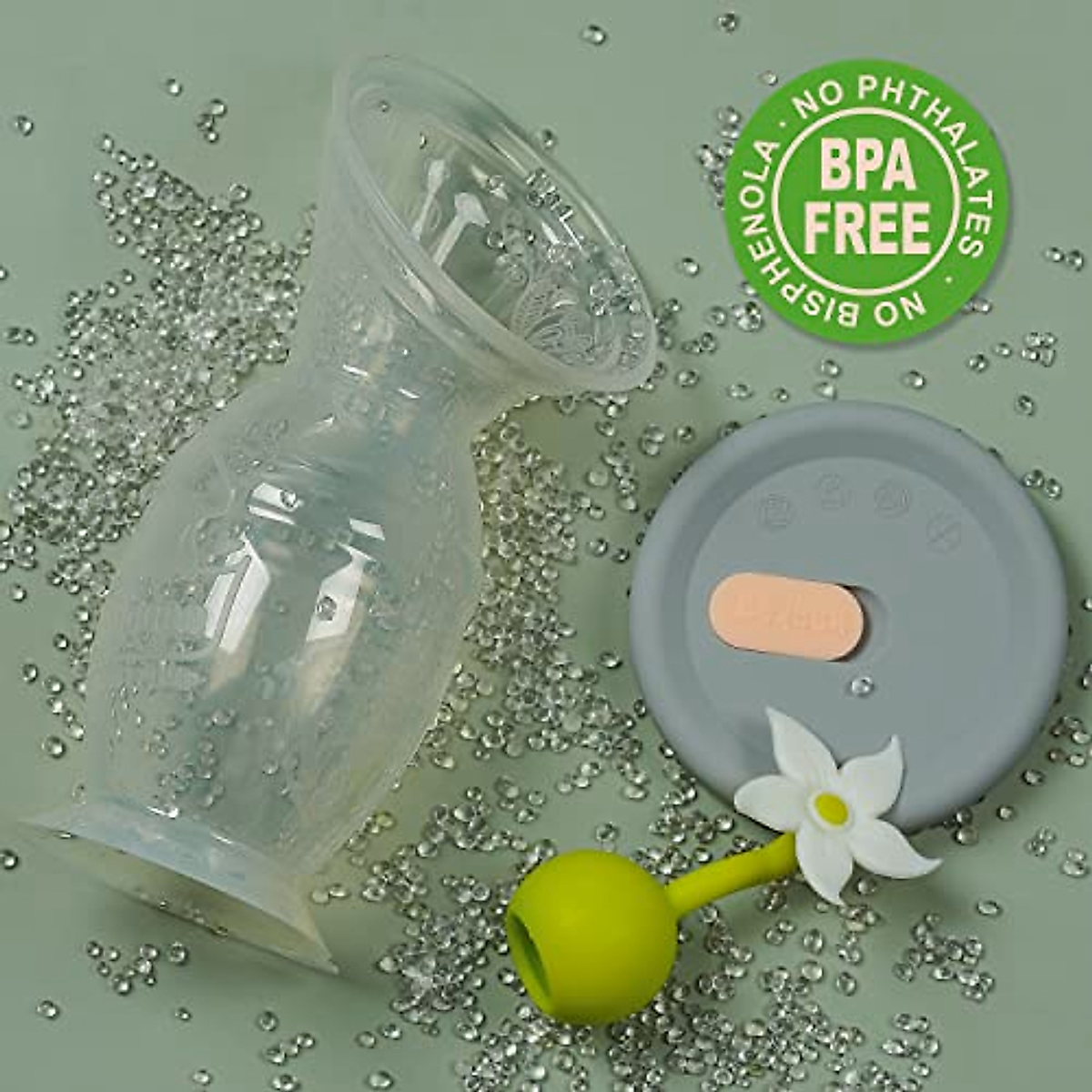 haakaa Silicone Breast Pump Manual Breast Pump with Suction Base, Flower Stopper and Silicone Lid(5oz/150ml) (White) +Disposable Nursing Pads for Breastfeeding,36pcs