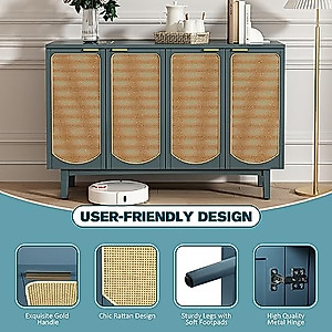 ARTPOWER Sideboard Buffet Cabinet with 4 Rattan Doors, Accent Storage Cabinet with Shelves, Free Standing TV Console Table, Modern Teal Credenza for Kitchen, Dining Room, Living Room, Hallway