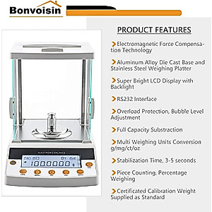 Bonvoisin Digital Analytical Balance 0.1mg High Precision Lab Scale CE Certificated Electronic Balance 0.0001g Scientific Laboratory Scale (220g, 0.1mg)