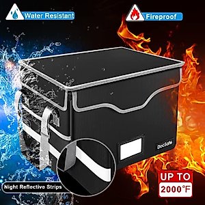 DocSafe File Box Fireproof Document Box with Lock,File Storage Organizer Box with Mesh Pockets,Collapsible Portable File Box Home Office File Cabinet with Handle for Hanging Letter/Legal Folder,Black