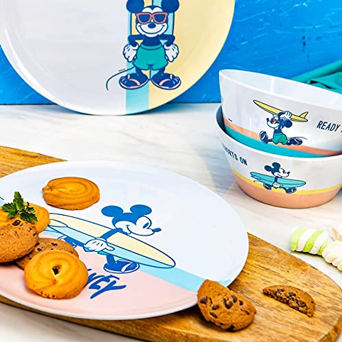 Zak Designs Disney Mickey Mouse Street Beach (Stay Wavey) - Kids Dinnerware Set, Includes 10in Melamine Plate and 27oz Bowl Set, BPA-Free Durable Plate and Bowl Makes Mealtime Fun