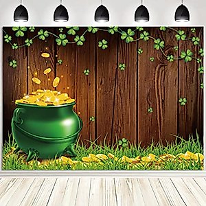 Drihanco 7x5ft St. Patrick's Day Decorations Backdrop Lucky Irish Festival Picture Background for Photography Wooden Wall Green Shamrock Clover Gold Coins Greenery Holiday Party Supplies Banner