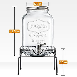 2 Gallon Glass Beverage Dispenser with Stand and Lid, 18/8 Stainless Steel Spigot - Glass Drink Dispensers for Parties - Mason Jar Drink Dispensers with Lids