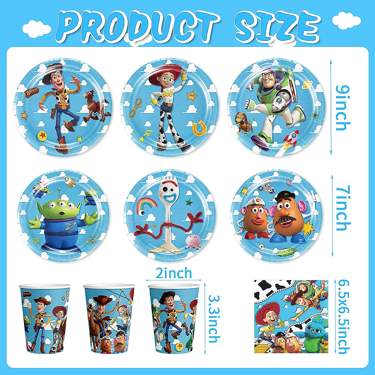 Toy Inspired Story Birthday Party Supplies Toy 120pcs Disposable Story Paper Plates and Napkins for Toy Inspired Story Party Decorations Cups Tablecloth for Boys Girl Birthday Decor, Serve 30