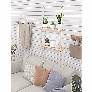 Sonefreiy Macrame Hanging Shelves 2 Tier, Natural Wood Farmhouse Window Plant Shelves Boho Wall Shelf with Hooks & Hardwares,for Bedroom Bathroom Kitchen Living Room