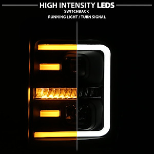 AmeriLite Replacement Headlights for 2011-2016 Ford F250/350/450 Super Duty Switchback LED Tube Projector Black Assembly Set - Passenger and Driver Side