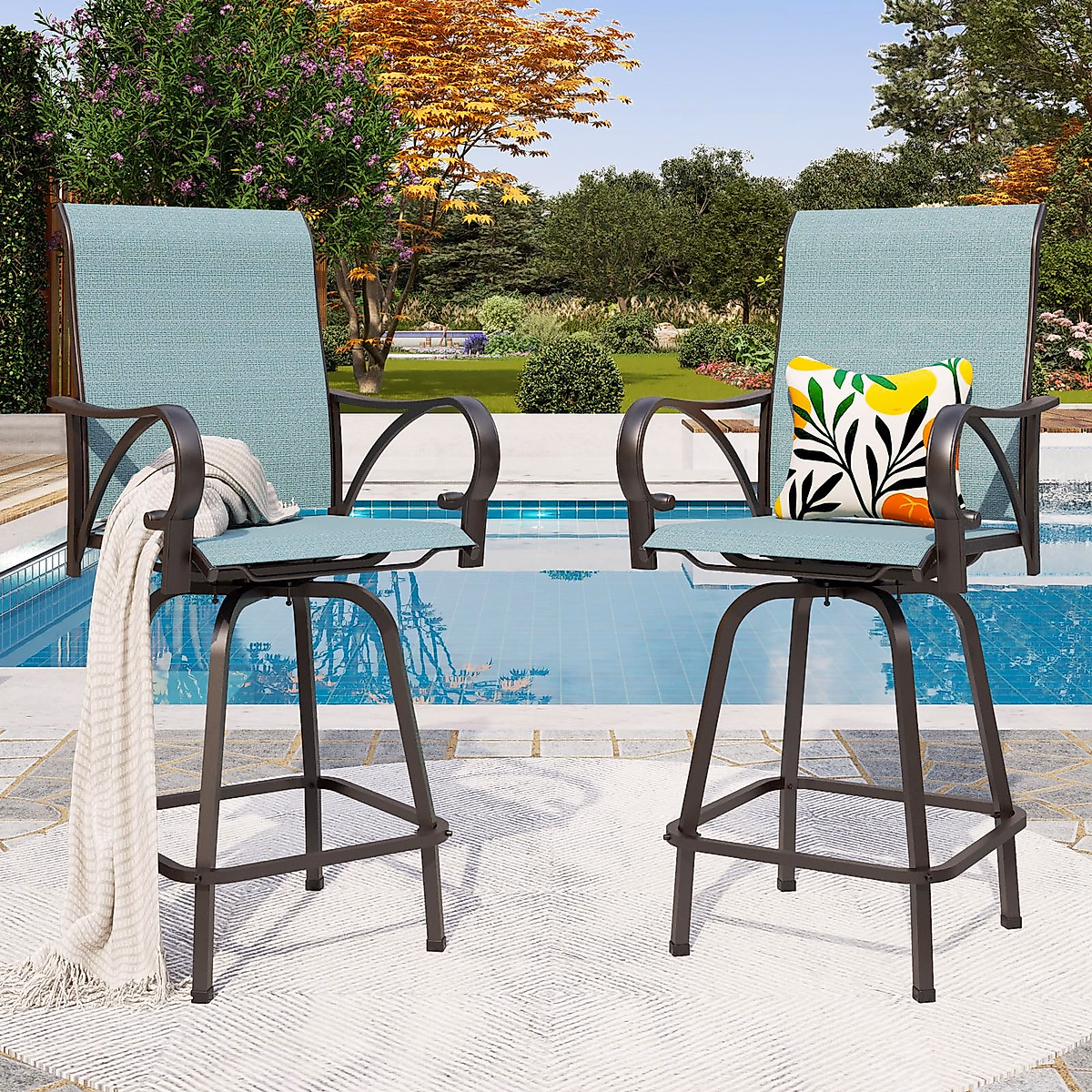 PHI VILLA Outdoor Bar Stools Set of 2, Swivel Patio Bar Stools & Chairs with Armrest, All-Weather High Top Outdoor Bar Chairs for Outside, Porch and Deck