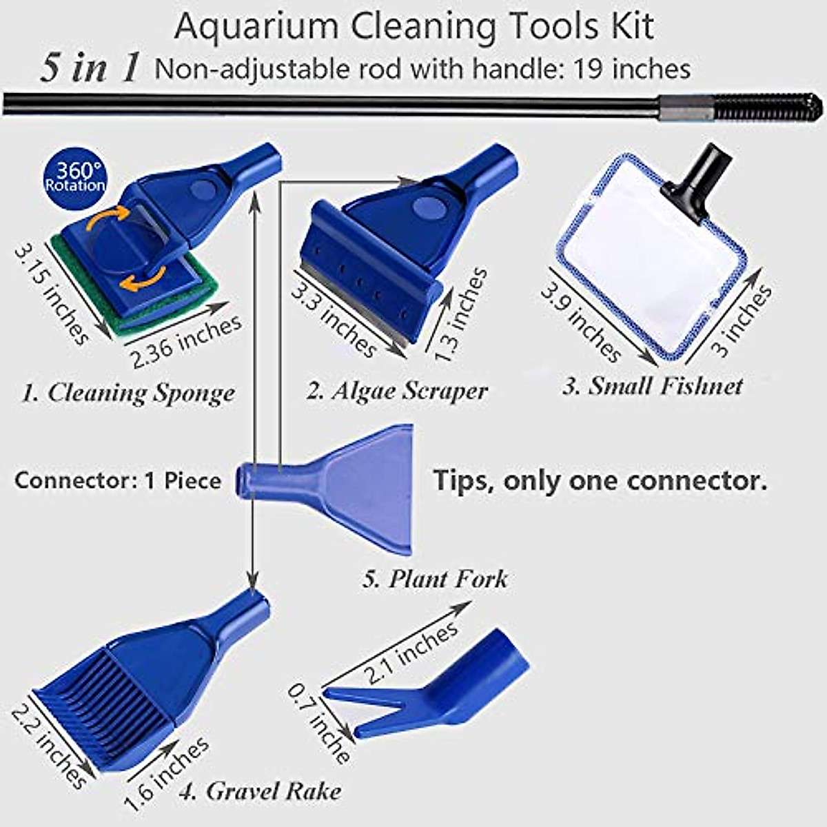 JZMYXA Aquarium Cleaning Tools Kit 5 in 1 Function for Long Deep Fish Tank, Including Algae Scrape, Cleaning Sponge, 3.9" Small Fishnet, Gravel Rake, Plant Fork