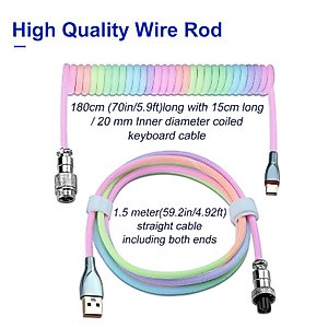 UCINNOVATE Coiled Keyboard Cable, Pro Custom Coiled USB C Cable for Gaming Keyboard, Double-Sleeved Mechanical Keyboard Cable with Detachable Metal Aviator, 1.8M USB-C to USB-A (Rainbow)