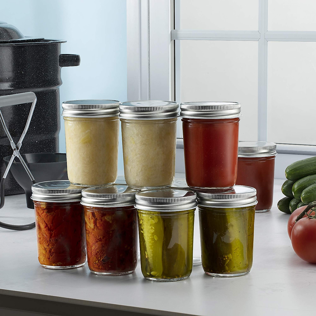 Glass Regular Mouth Mason Jars, (12 Pack) Glass Jars with Silver Metal Airtight 1 Piece Lids for Meal Prep, Food Storage, Canning, Drinking, Overnight Oats, Jelly, Dry Food, Salads, Yogurt (8 Ounce)