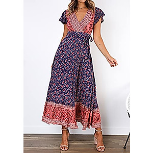 R.Vivimos Women's Summer Short Sleeve Floral Print Bohemian Beach Waist Tie Wrap Long Flowy Dress with Slit (XL, Dark Blue#2)