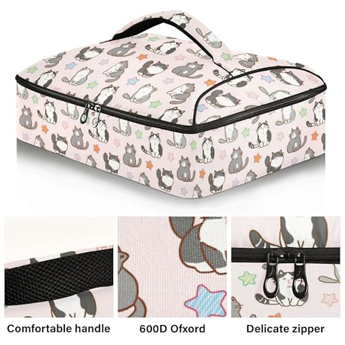 Kcldeci Insulated Thermal Food Carrier Insulated Casserole Carrier for Hot or Cold Food,Cartoon Cat and Star Pink Insulated Tote Bag for Potluck Cookouts Parties Picnic,Lasagna Lugger