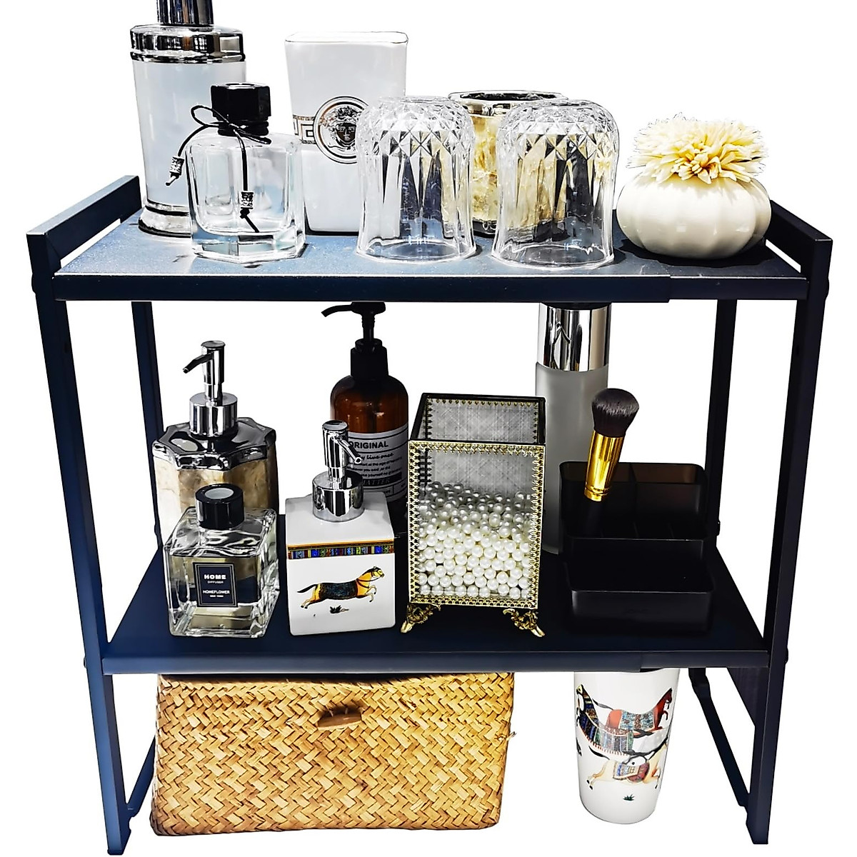 Urhomey plus 2 Tier Expandable Cabinet Shelf Organizer Bathroom Kitchen Counter Shelf 35LBS Sink Shelf Riser Countertop Storage Black