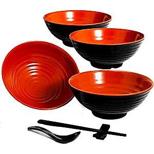 VALLENWOOD 4 set, 16 pieces. Ramen Bowl Set, Asian Japanese soup with Spoons Chopsticks and Stands, Restaurant Quality Melamine, Large 37 oz for Noodles, Pho, Noodle, Udon, Thai, Chinese dinnerware.