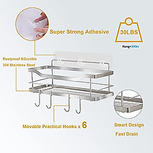 Adhesive Hanging Shower Caddy Organizer Shelf for Inside Shower with 6 Movable Hooks, 304 Stainless Steel, Wall Mount No Drilling, Spice Rack for Kitchen Storage -Silver, 2-Pack