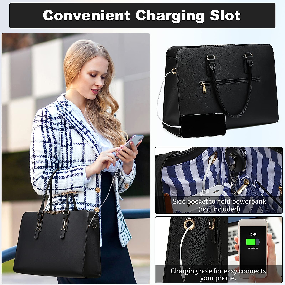 eyli Laptop Tote Bag for Women Large Waterproof PU Leather Business Office Work Briefcase Fit 15.6 inch Lightweight Trendy Computer Bags Messenger Shoulder Bag Laptop Purse 4pcs Sets Black