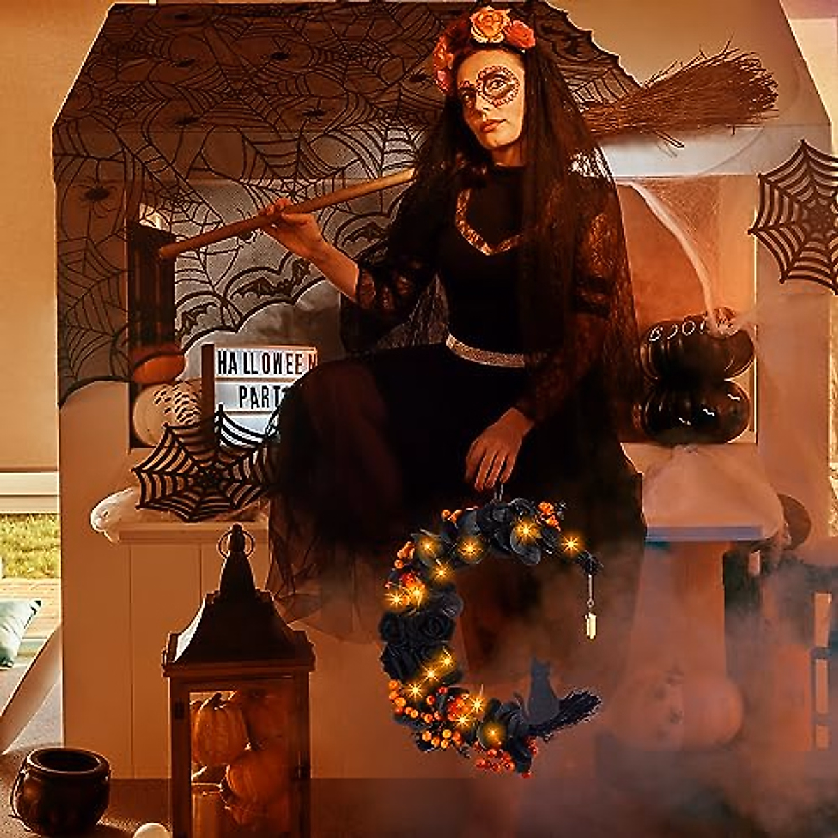 Ceenna Halloween Wreaths Moon Cat Wreath with Rose Cat Door Wreath Cute Cat Garland Light up Moon Cat Wreath with Rose for Front Door Indoor Outdoor Window Farmhouse Porch Wall (Orange Berry)