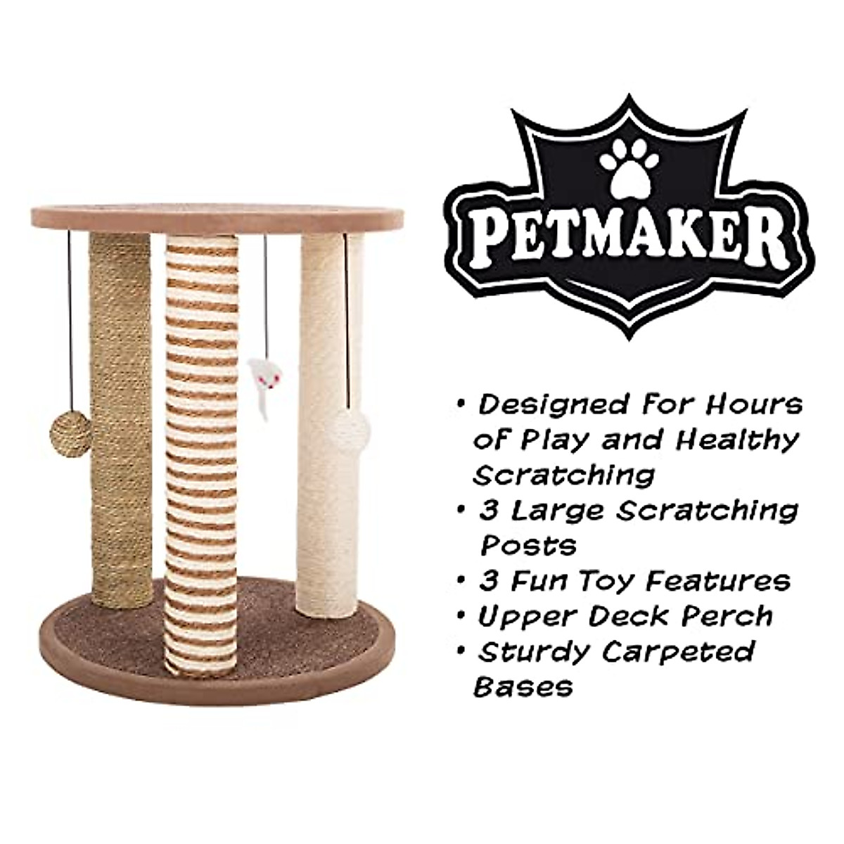Cat Scratching Post - 3 Scratcher Posts with Carpeted Base Play Area and Perch - Furniture Scratching Deterrent for Indoor Cats by PETMAKER (Brown)
