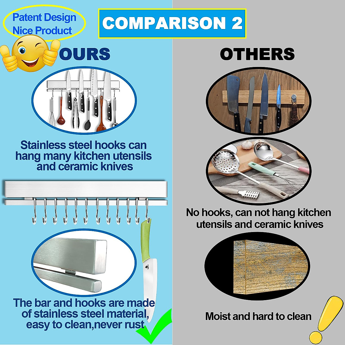 YIIYIIN 17" Premium 304 Stainless Steel Double-Sided Magnetic Knife Holder for Wall or Fridge -with Adhesive Strip, No Drill - 12 Hooks Included for Kitchen Utensils