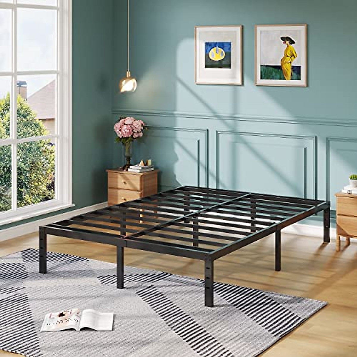 JENLLY Queen Bed Frame 14 Inch Metal Platform Bed Frame with Heavy Duty Steel Slat Support/Noise-Free/No Box Spring Needed/Modern Queen Bed Frame with Storage/Easy Assembly, Black…