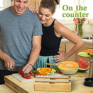 2 in 1 Wrap Dispenser with Cutter and Labels, Aluminum Foil and Plastic Wrap Organizer for Kitchen Drawer, Bamboo Roll Storage Organizer Holder for Cling Film and Tin Foil Wax Paper, Fits 12" Roll